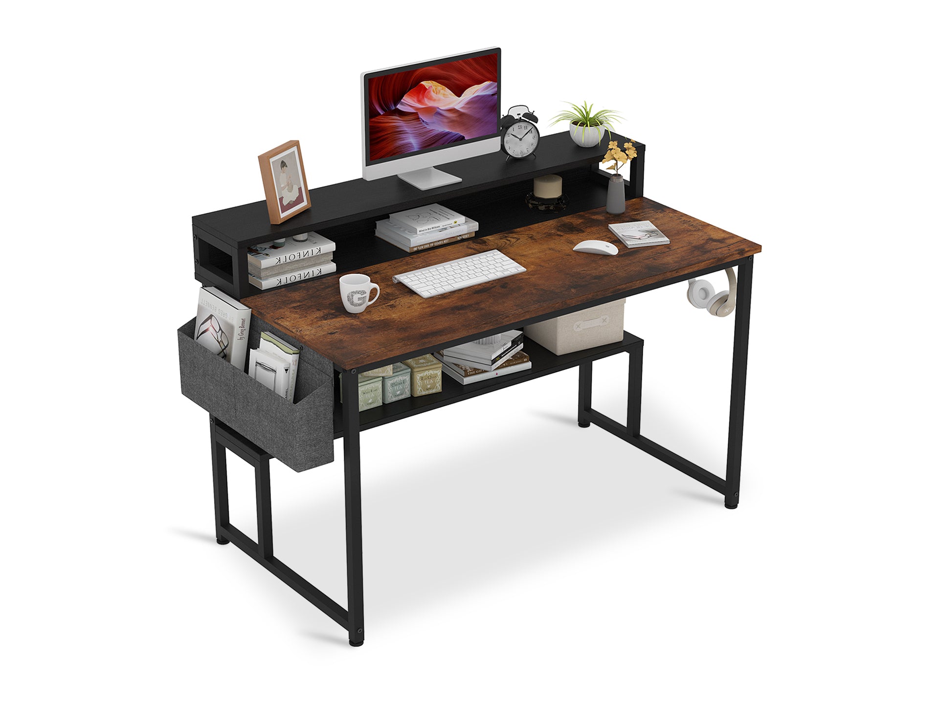 Robert 120cm Computer Desk with Storage - Rustic Brown + Black ...