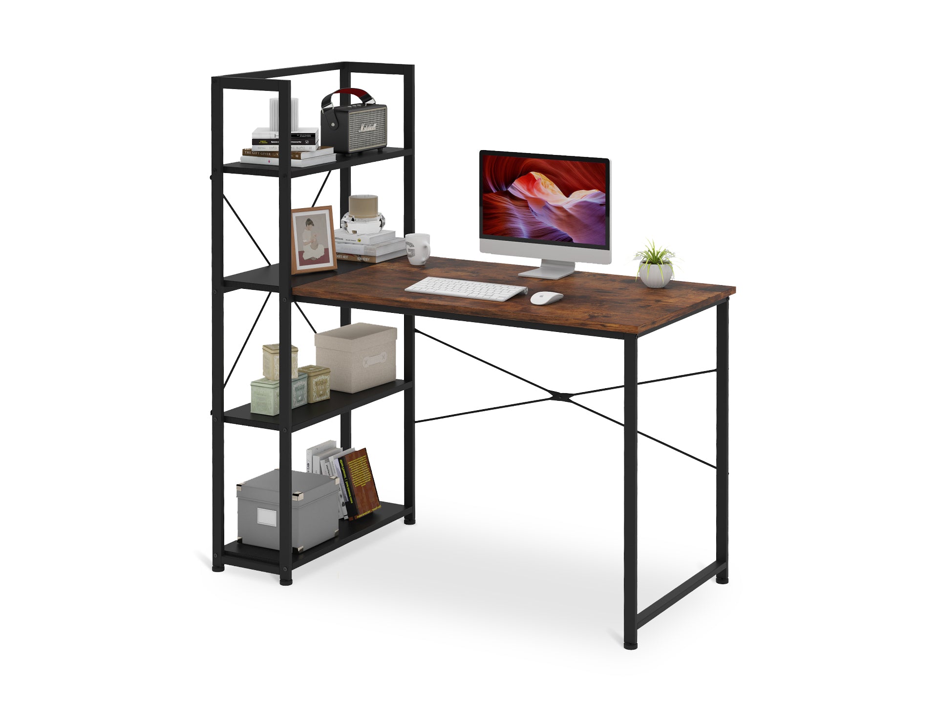 Zayden 100cm Computer Desk with Bookshelf - Rustic Brown + Black ...